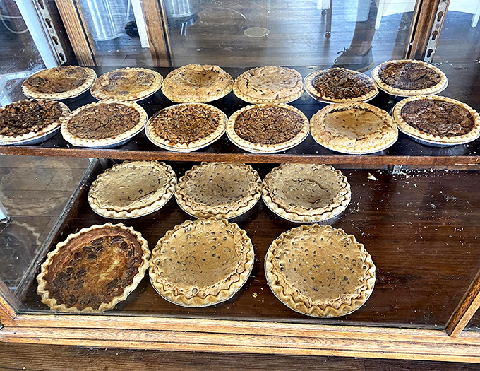 Behold the pie battalion, standing at attention behind glass. These aren't just desserts; they're edible works of art waiting to fulfill their delicious destiny.