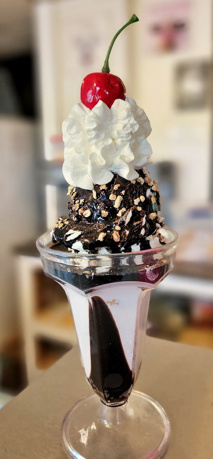 This hot fudge sundae isn't just dessert—it's architecture. The cherry stands like a flag planted at the summit of Whipped Cream Mountain.