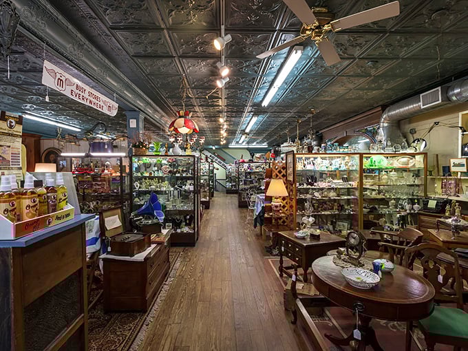 Beneath ornate tin ceilings, wooden display cases house carefully curated collections. This isn't shopping; it's time travel with price tags.