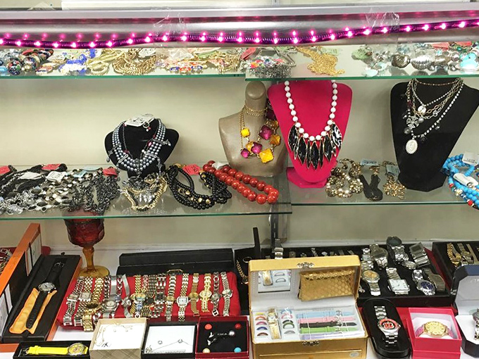 Jewelry displays that would make Elizabeth Taylor do a double-take. Vintage statement pieces and modern accessories await their second chance to shine.