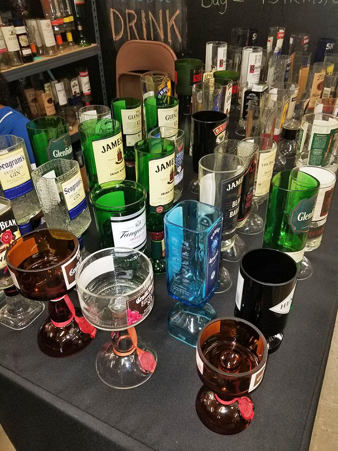 Upcycled liquor bottles transformed into drinking glasses—proof that at Swap-O-Rama, even empty bottles can find a second life of sophistication.