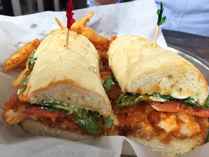 Seafood poetry on French bread. This po'boy doesn't just satisfy hunger—it creates memories with perfectly seasoned lobster and fresh toppings.
