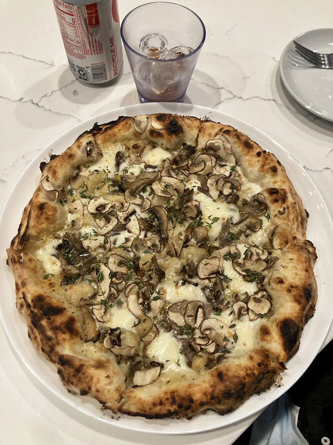 This isn't just mushroom pizza—it's a fungi festival where each shaved slice has been invited to the party of your lifetime.
