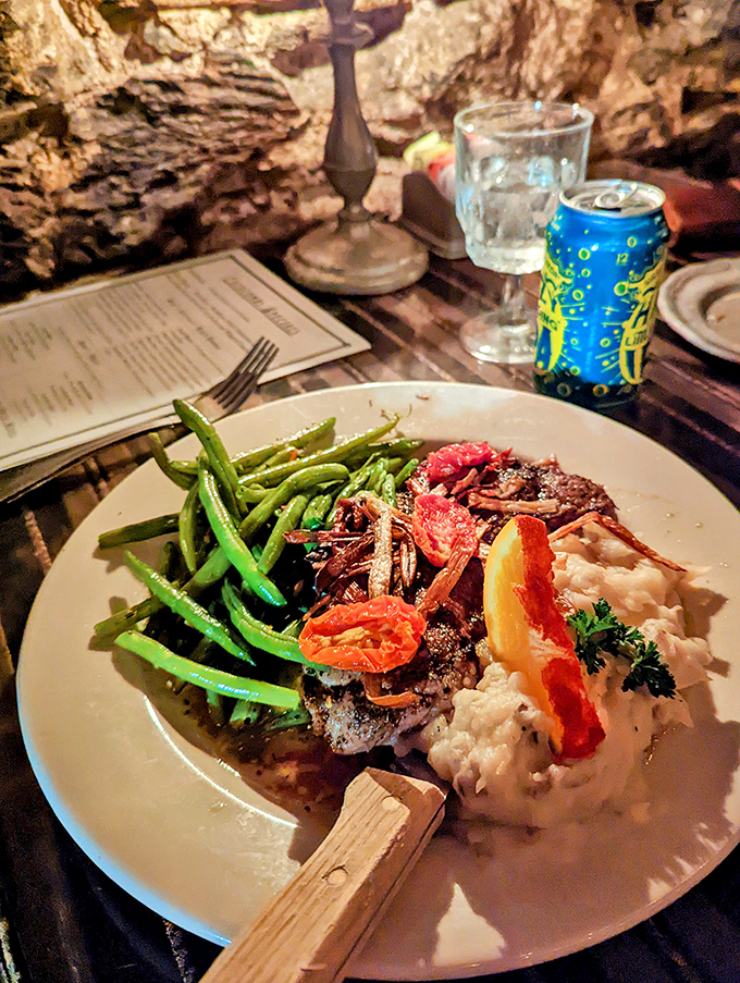 A perfectly executed entrée that speaks the universal language of "mmm." Green beans and mashed potatoes playing the perfect supporting roles.