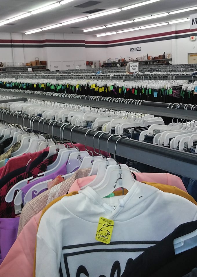 Color-coded clothing racks stretch toward the horizon like a secondhand rainbow. Organization makes the treasure hunt manageable.