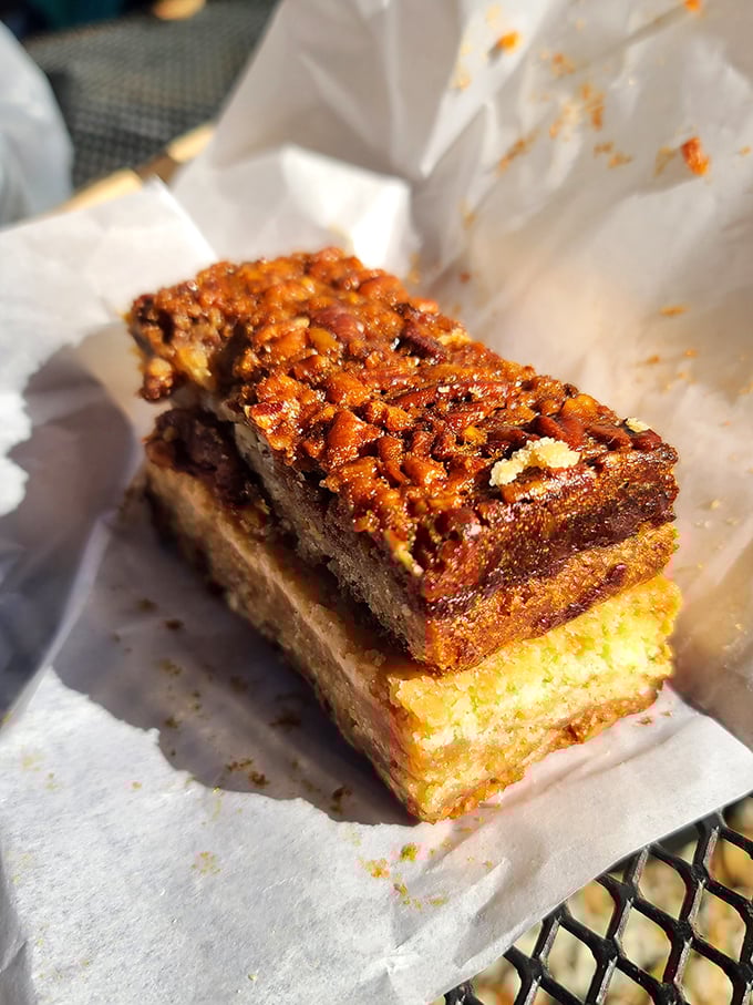 This isn't just a pecan pie bar—it's Southern comfort in rectangular form. The kind of sweet that makes you involuntarily close your eyes and sigh.
