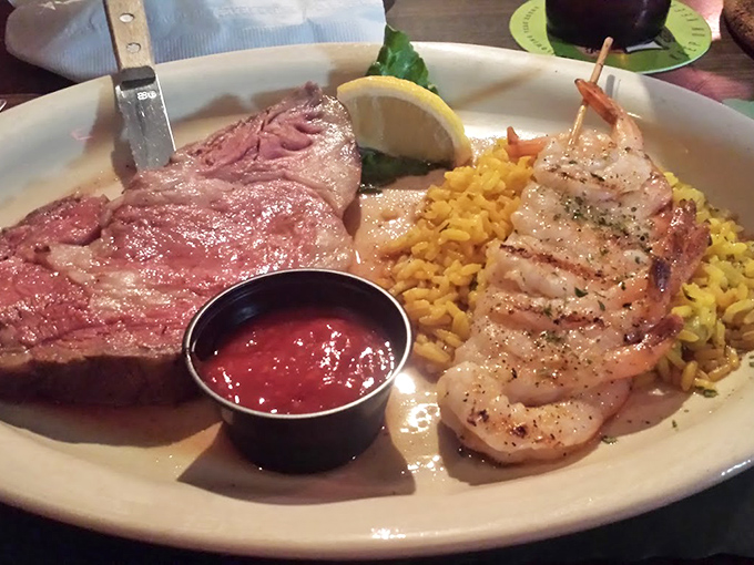 Behold the star of the show: perfectly pink prime rib alongside plump shrimp. This surf and turf isn't just a meal – it's a celebration on a plate.