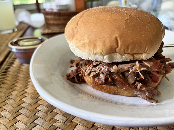 This pulled pork sandwich isn't just a meal—it's a commitment to excellence that requires both hands and several napkins.
