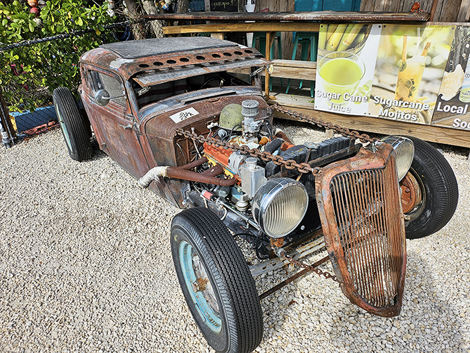 A vintage rat rod parked nearby offers another slice of Americana, creating the perfect Florida Keys pairing: classic cars and colossal crustaceans.