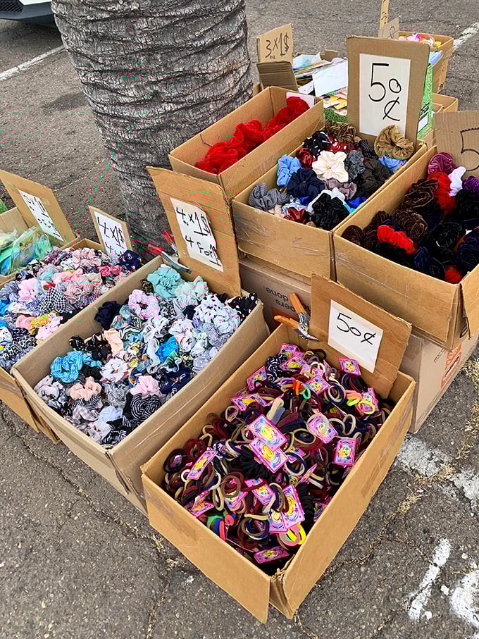 Hair accessories organized with military precision but priced like a garage sale. That 50¢ sign is speaking directly to my inner bargain hunter.