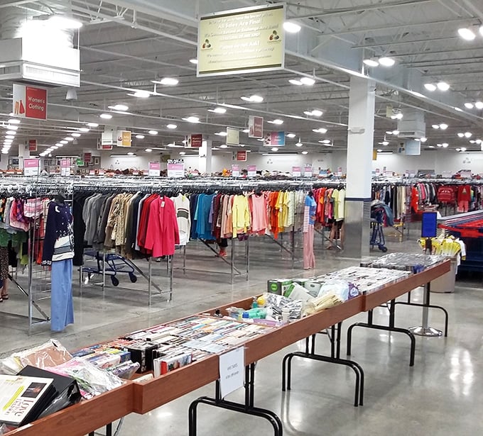 A sea of possibilities stretches before you in this warehouse of wonders, where color-coded racks make finding your size less treasure hunt, more shopping spree.