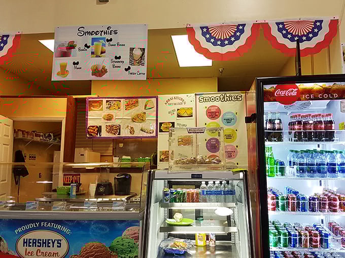 Refuel station alert! This snack counter offers smoothies and Hershey's ice cream – because serious shopping requires serious sustenance.