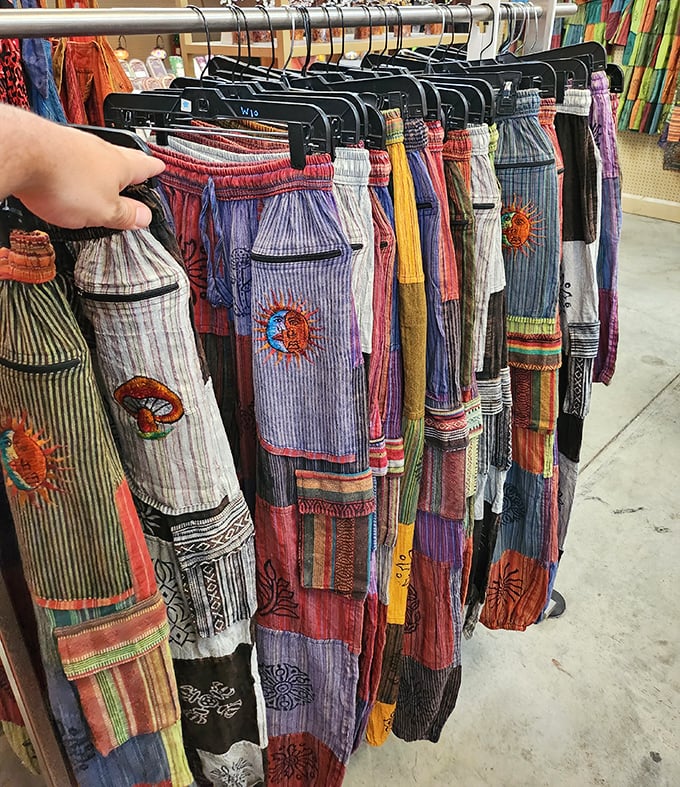 These aren't just pants—they're wearable folk art. Each pair tells a story of comfort, bohemian spirit, and the eternal question: "Can I pull these off?"