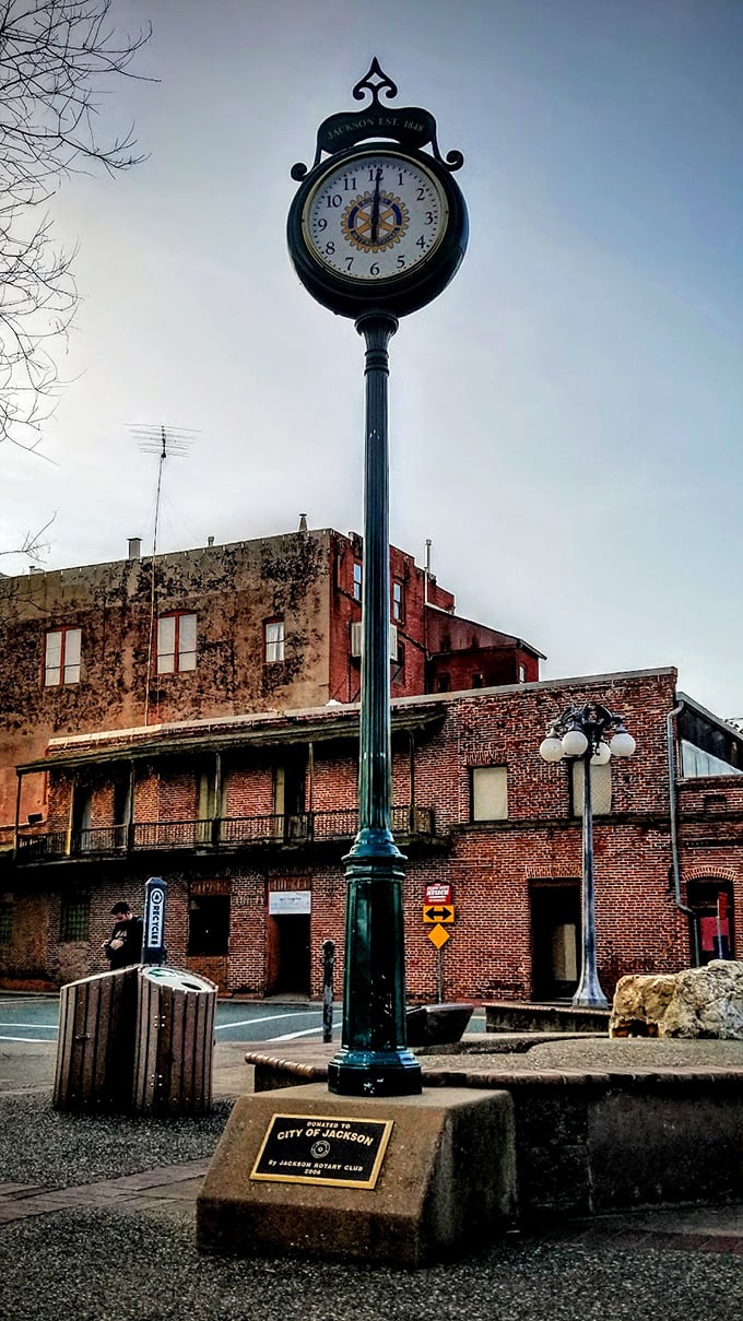 Time literally stands still in downtown Jackson, where this vintage clock watches over brick buildings that have seen more history than your grandmother's photo albums.