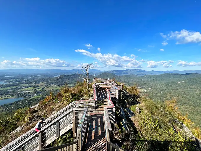 "I'm on top of the world, Ma!" The wooden observation platforms at Bell Mountain were clearly designed by someone who understood the importance of a good dramatic reveal.