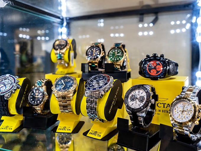 Timepieces that would make James Bond do a double-take line these display cases. Remember when watches just told time instead of your heart rate?