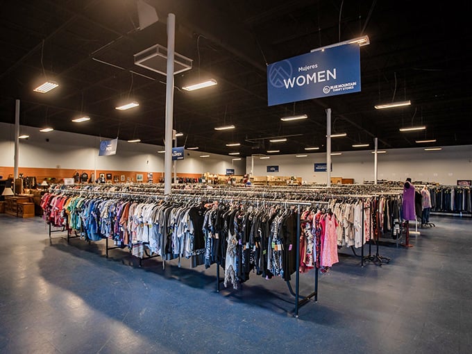 The women's clothing section stretches like a fashion runway from another era. Here, "vintage" isn't just marketing—it's a genuine time capsule of style evolution.