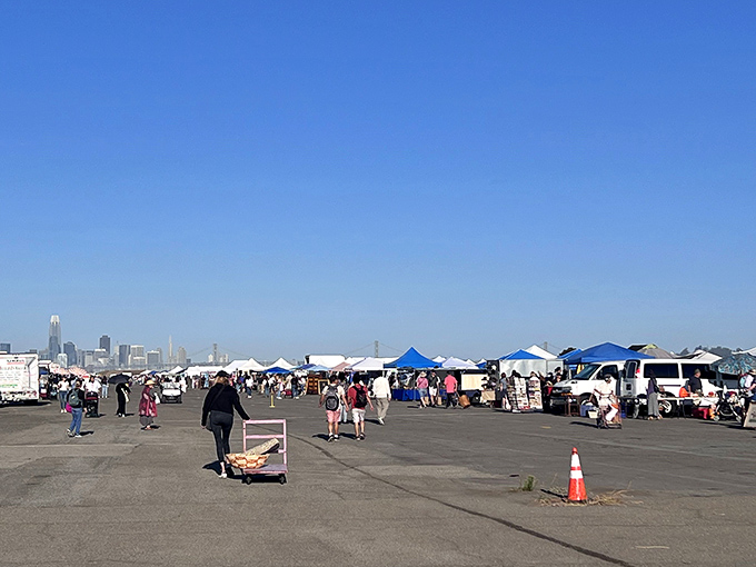 Urban treasure island! Alameda Point Antiques Faire offers a sweeping view of San Francisco's skyline—almost as impressive as the array of vintage finds below.