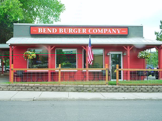Bend Burger Company's bright red exterior pops against Oregon greenery like a juicy tomato on a perfect patty.