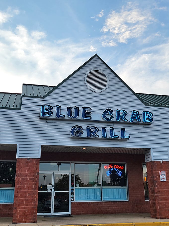Blue Crab Grill's straightforward signage promises exactly what you'll get – delicious crab without the fuss.