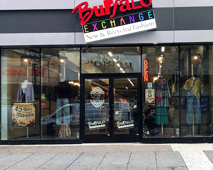 Buffalo Exchange's storefront sparkles with possibility—where yesterday's fashion faux pas become tomorrow's vintage statement pieces.