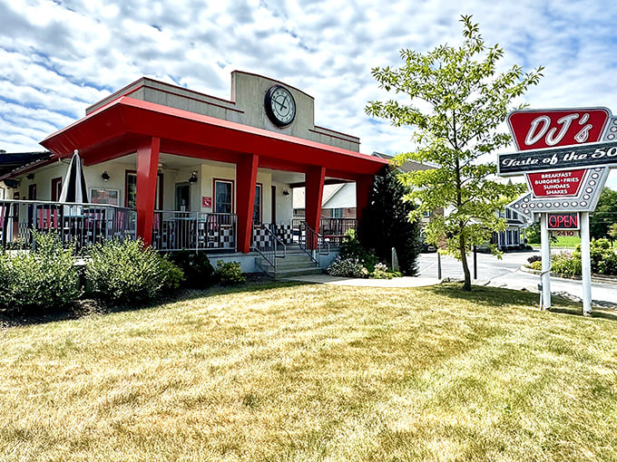 DJ's Taste of the 50's wears its nostalgia proudly – that clock and red awning practically hum "Rock Around the Clock."