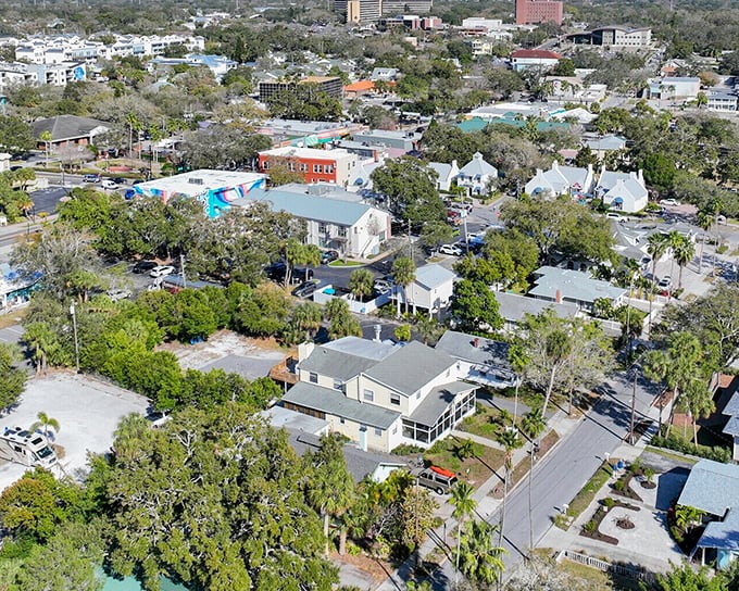 Dunedin blends its Scottish roots with Florida sunshine in this inviting, walkable town. Aerial views show charm, color, and a touch of coastal cool.