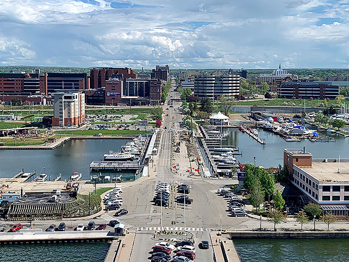 Erie's waterfront combines urban convenience with lakeside leisure—where boats and buildings create a perfect harmony.
