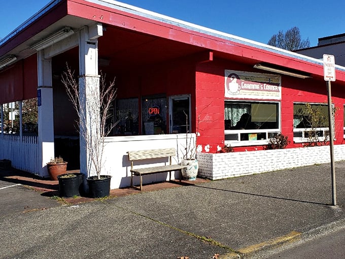 Gramma's Corner Kitchen's cheerful red exterior stands out like a cardinal in winter – a beacon of breakfast hope on McLoughlin Boulevard.