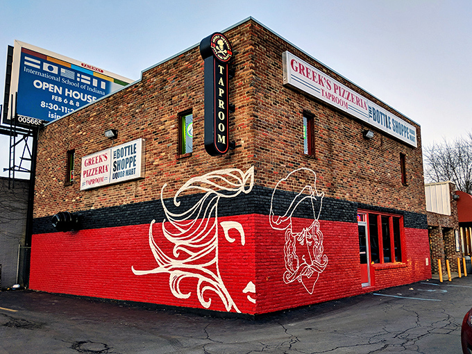 Greek's bold red base and artistic flourishes hint at the pizza artistry happening inside this Indianapolis institution.