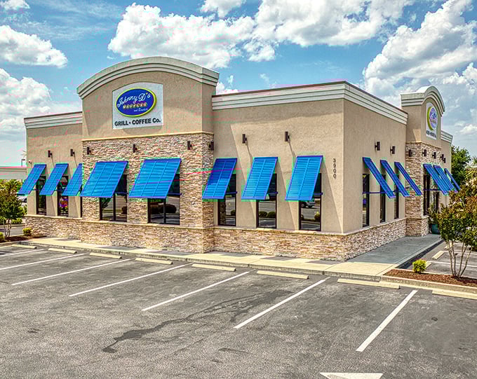 Johnny D's bright blue awnings are like beacons for breakfast lovers—follow them to waffle paradise on the Grand Strand.
