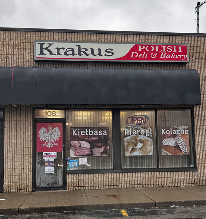 Krakus Polish Deli's window display is like a delicious billboard advertising Poland's greatest hits – kielbasa, pierogies, and kolache.