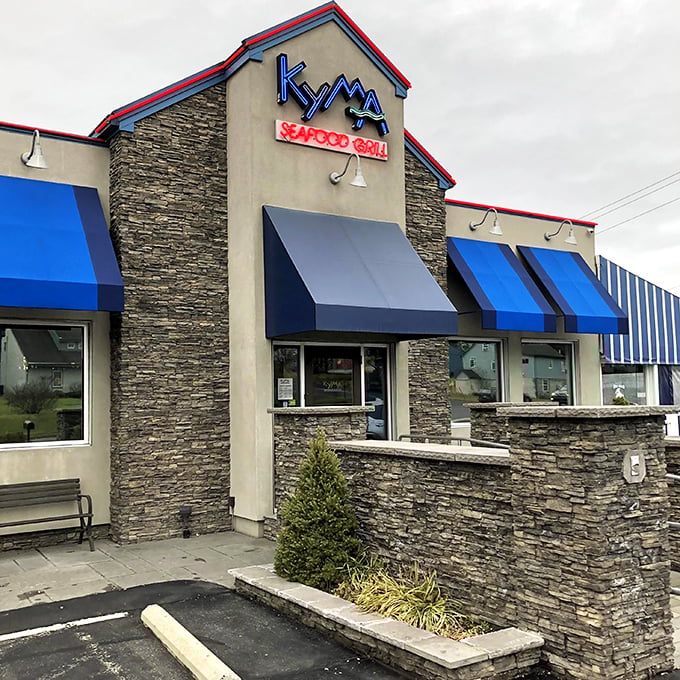 Kyma's stone facade and blue awnings bring a touch of Mediterranean flair to rural Pennsylvania – no passport required!