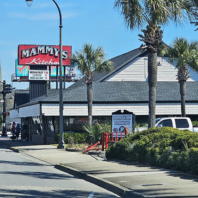 Mammy's Kitchen's beachside sign promises breakfast all day – because pancakes taste better when you can smell the ocean.