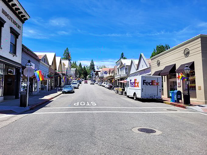 Nevada City's main street—where Gold Rush history meets modern-day charm, and parking is still an adventure either way.