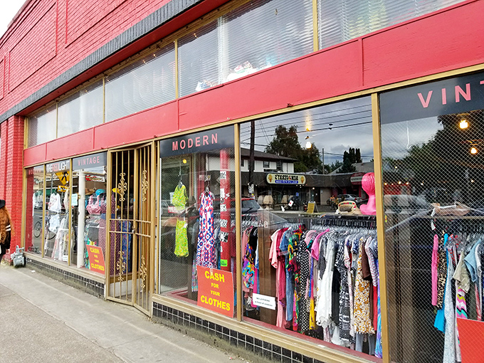 Red Light's vibrant storefront pops against Portland's gray skies. A candy store for vintage fashion lovers with a sweet tooth for retro finds.