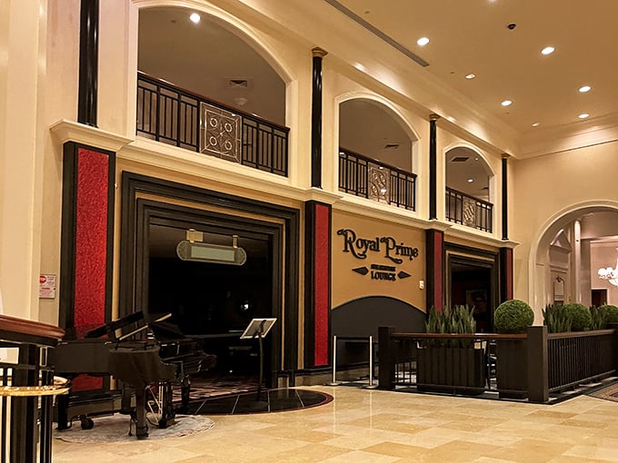 Royal Prime's grand entrance feels like stepping into a meat palace. That piano isn't just for show—it sets the tone for luxury.
