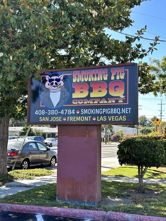 Smoking Pig's playful sign says it all – serious BBQ served with a side of humor in San Jose.