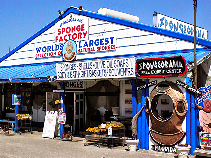 Ocean treasures await! Spongeorama's bright blue facade promises underwater wonders and a splash of Greek heritage.