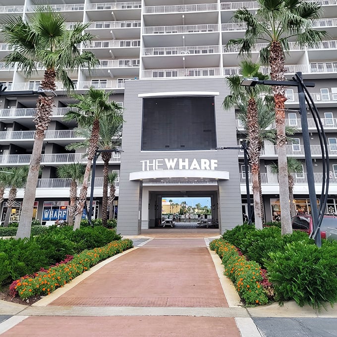 The Wharf's grand entrance feels like walking into a resort where the main attraction isn't the pool—it's the endless buffet of coastal delights!