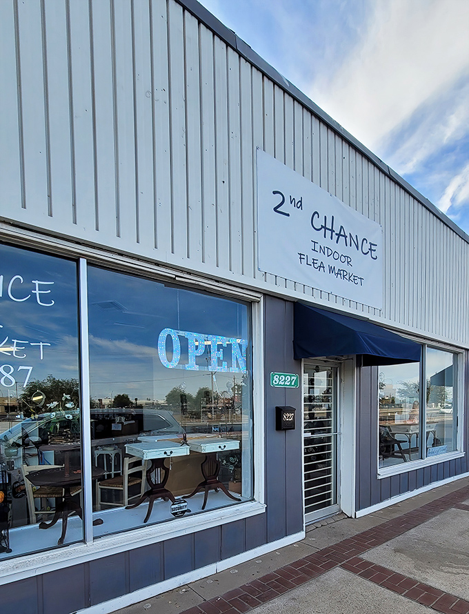 The welcoming blue façade promises air-conditioned bargain hunting—a true luxury in the Arizona heat.