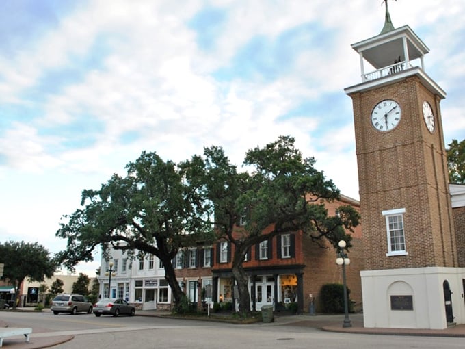 The iconic clock tower stands tall in Georgetown’s historic district, where southern charm meets timeless beauty along these welcoming streets. 