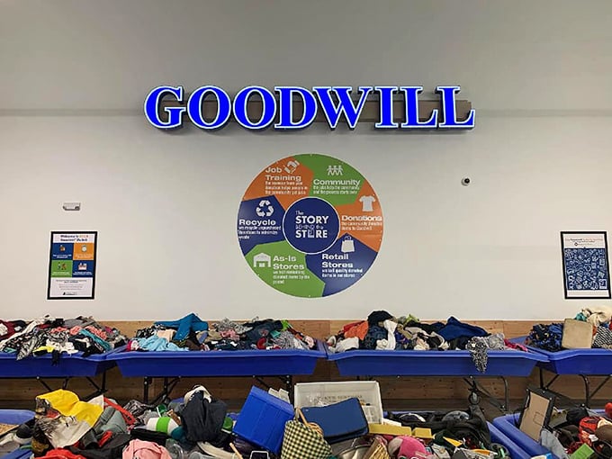 Tables piled high with possibilities—Goodwill's As-Is Outlet is where thrifting becomes an Olympic sport for the dedicated.