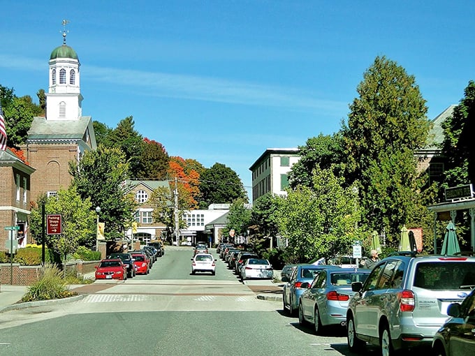 That church steeple reaches toward heaven while the shops below handle earthly treasures and treats.