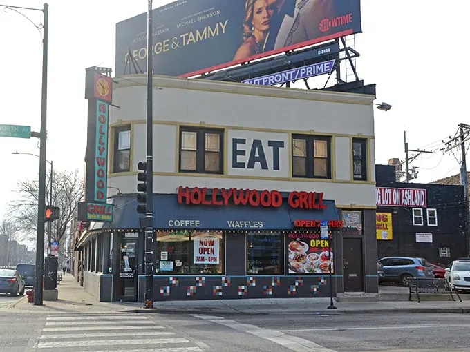 Morning light bathes Hollywood Grill's vintage façade, promising pancakes the size of hubcaps. Where breakfast never sleeps in Chicago's bustling streets.
