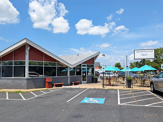 Those turquoise umbrellas at Mason-Dixon aren't just for shade—they're beacons guiding hungry souls to breakfast bliss.