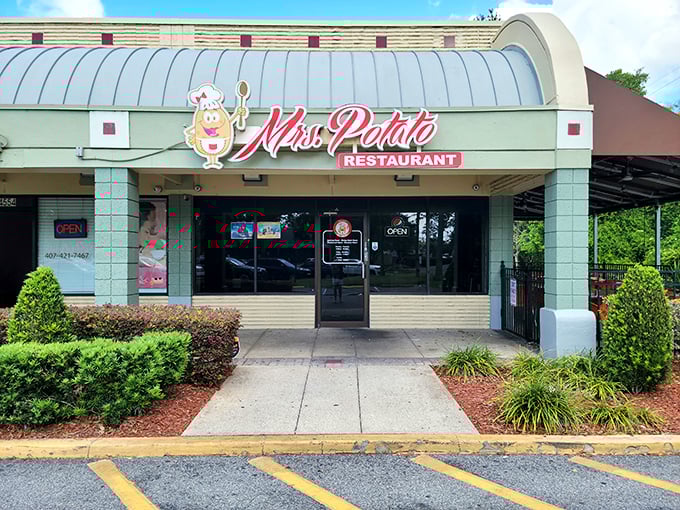 Mrs. Potato's cheerful sign promises carb-loaded happiness, and they absolutely deliver on that promise.