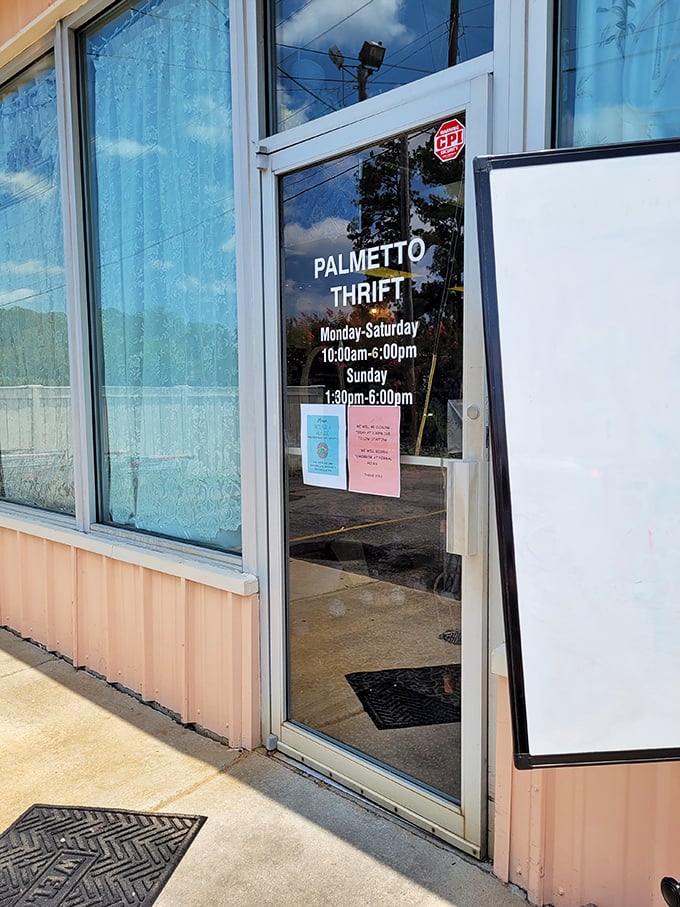 The welcoming storefront displays hint at the organized shopping experience waiting inside this popular Columbia thrift destination for budget-conscious families. 