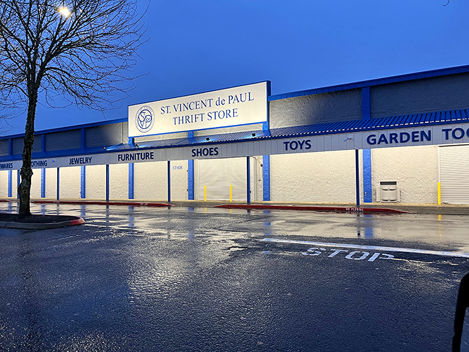 Even on rainy days, St. Vincent's massive storefront stands ready for bargain hunters seeking shelter and deals.