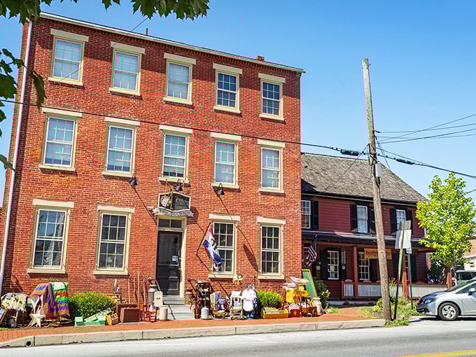 Sidewalk treasures! Strasburg's brick buildings house yesterday's memories—one person's junk is another's joy.